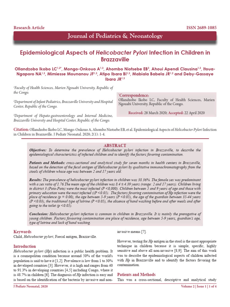 Epidemiological Aspects of Helicobacter Pylori Infection in Children in Brazzaville | PDF ...