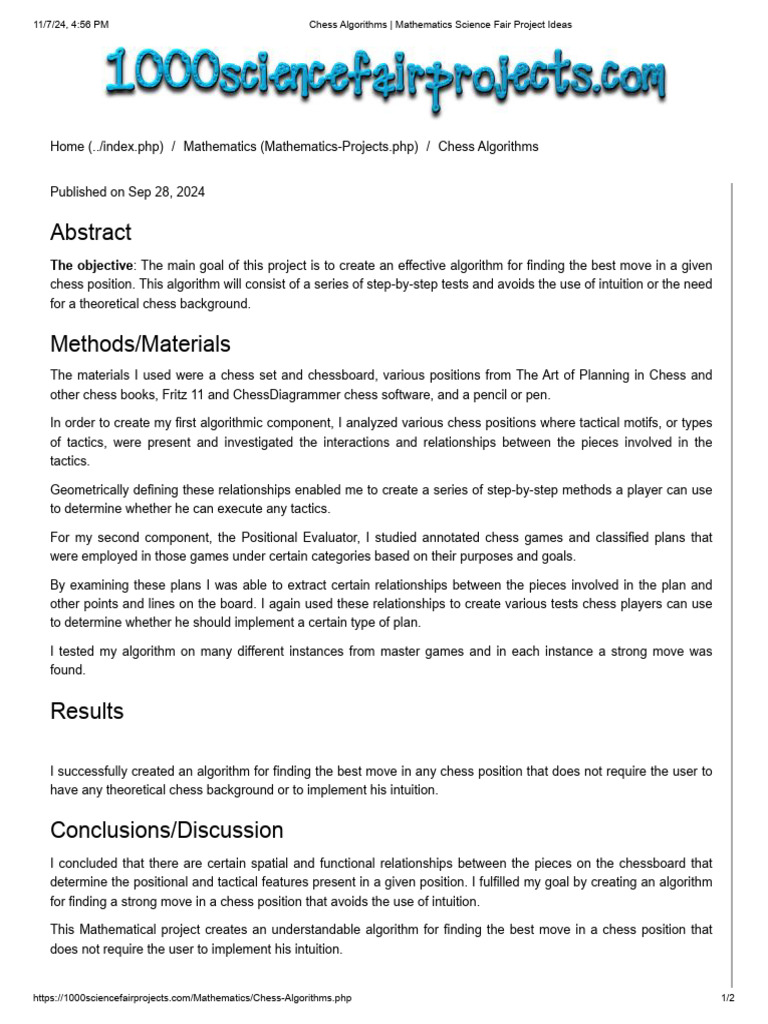 Chess Algorithms - Mathematics Science Fair Project Ideas | PDF | Chess ...