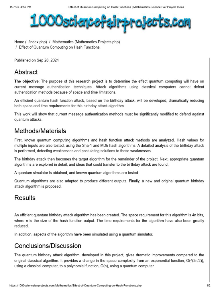 Effect of Quantum Computing On Hash Functions - Mathematics Science ...