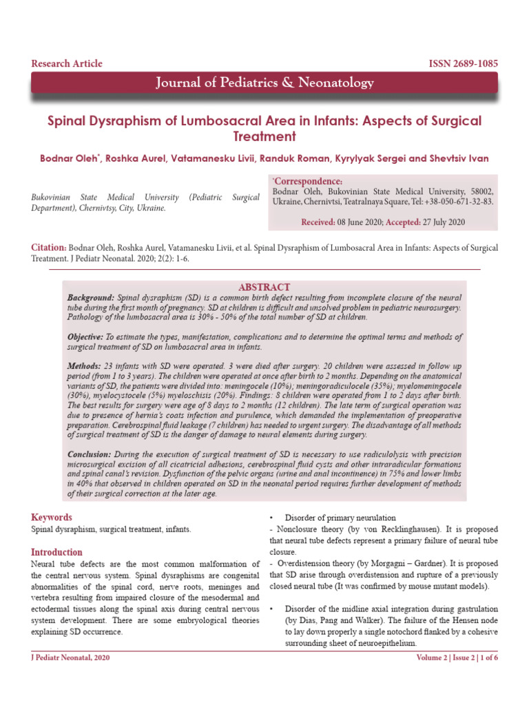 Spinal Dysraphism of Lumbosacral Area in Infants Aspects of Surgical ...