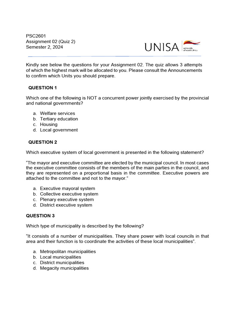 PSC2601 Assignment 02 Questions | PDF | Elections | Voter Turnout