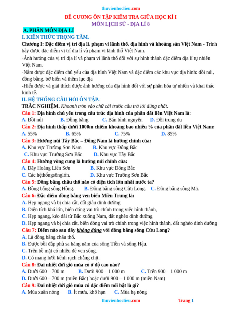 De Cuong Tap Giua HK1 Lich Su Dia Li 8 CTST | PDF