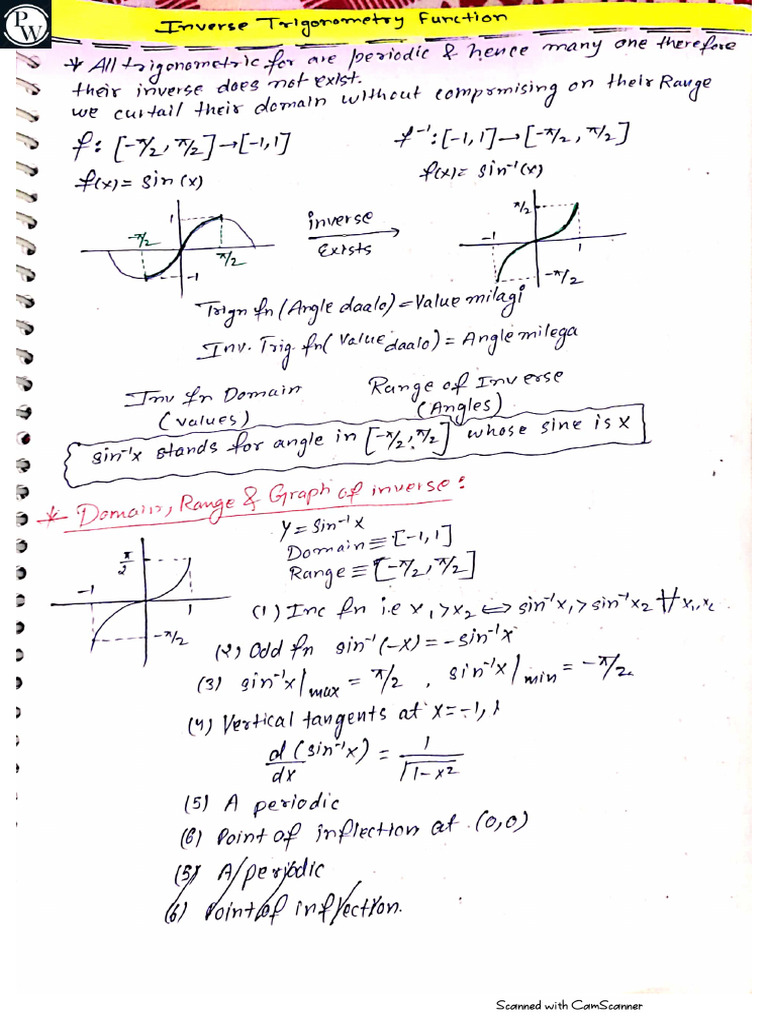 Inverse Trigonometric Function Short Notes Prayas 2023 Live | PDF