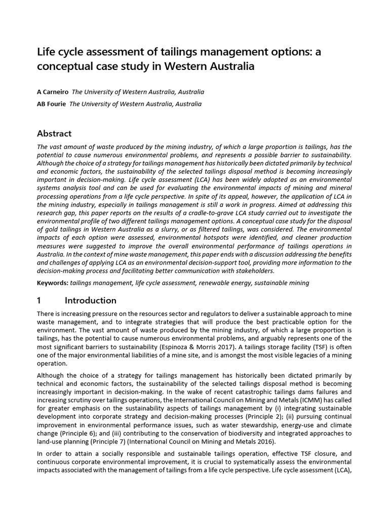 Life Cycle Assessment of Tailings Management Options A Conceptual Case Study in Western ...