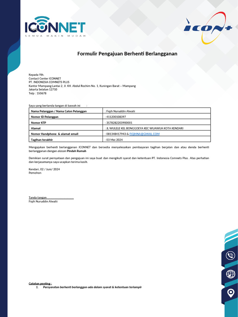 Contoh Form Berhenti Berlangganan Iconnet | PDF