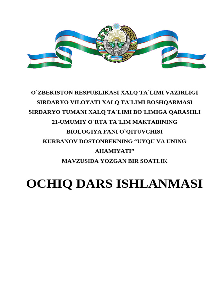 Biologiya 8 Sinf Uchun Dars Ishlanma | PDF