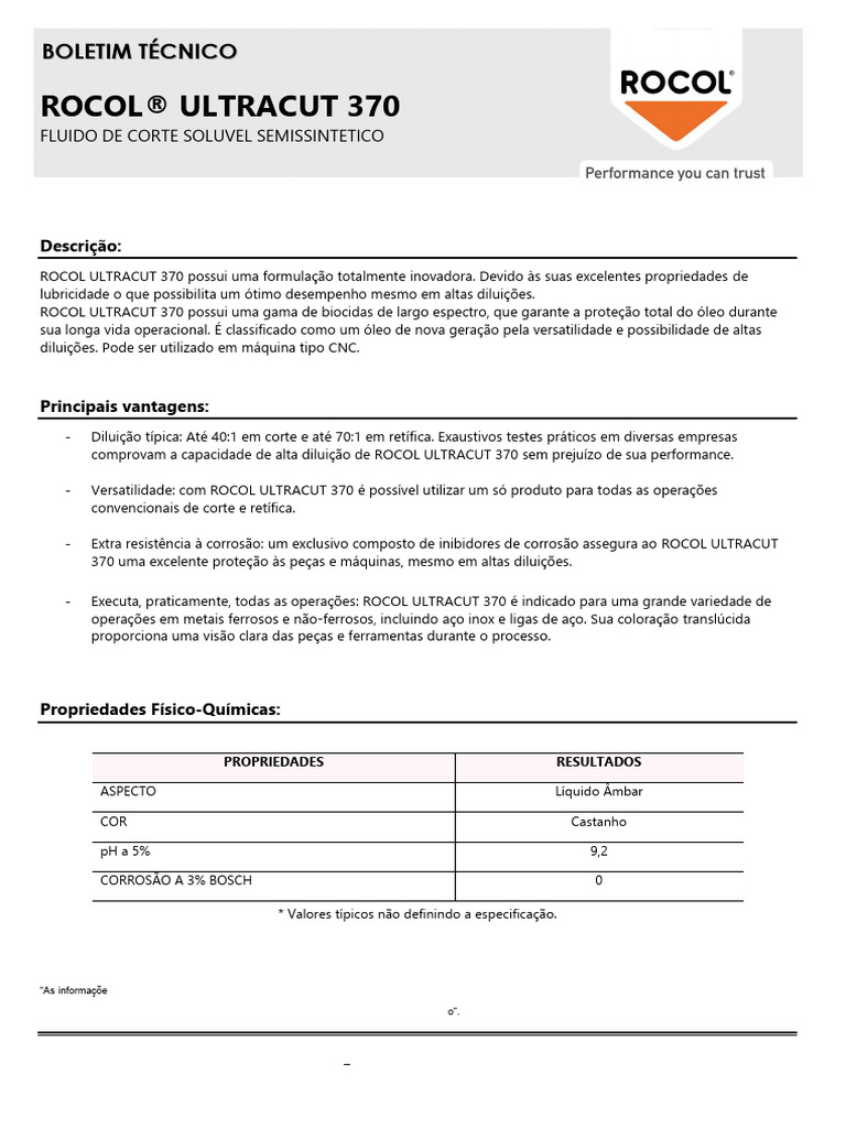 BT - Rocol Ultracut 370 | PDF | Corrosão | Química