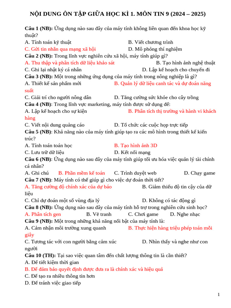 GIẢI ĐỀ CƯƠNG ÔN TẬP TIN GKI | PDF