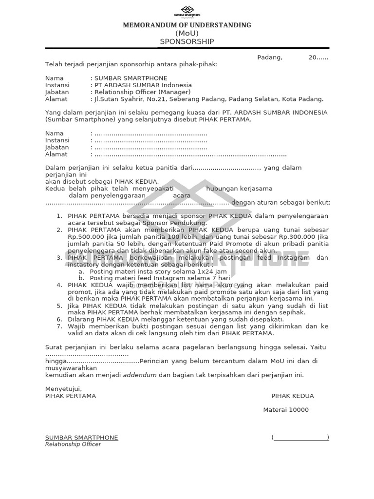 Mou Sponsorship Sumbar Smartphone Pdf