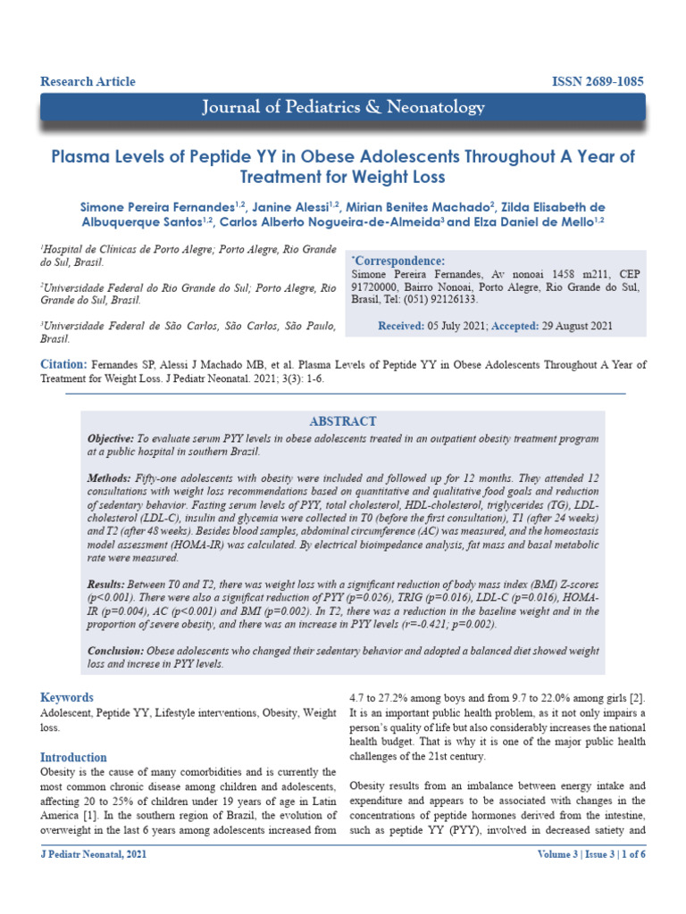 Plasma Levels of Peptide Yy in Obese Adolescents Throughout A Year of ...