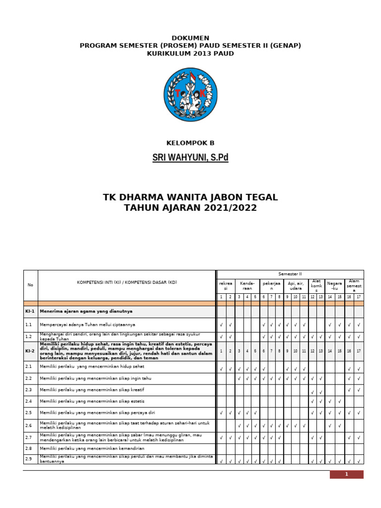 Prosem B-2 Paud Kurikulum 2013 KLP B - SMT 2 | PDF