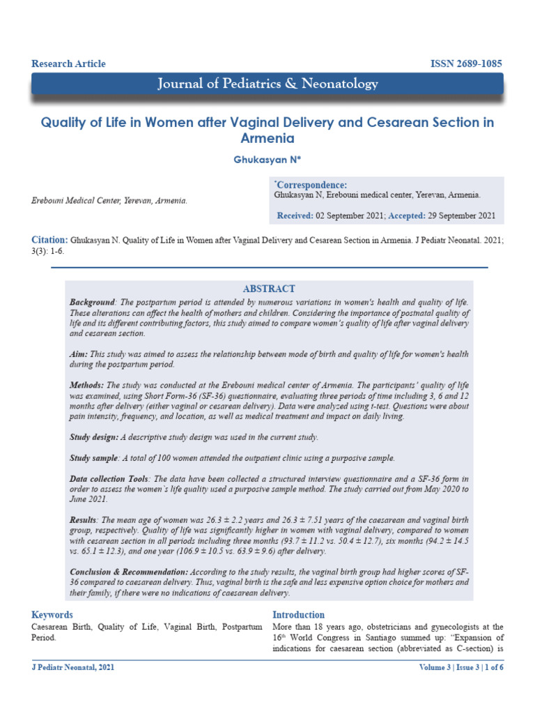 Quality of Life in Women After Vaginal Delivery and Cesarean Section in Armenia | PDF ...