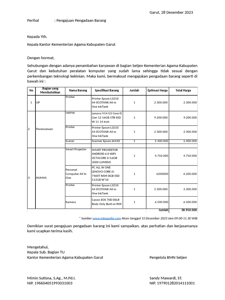 Pengajuan Peralatan Setjen | PDF