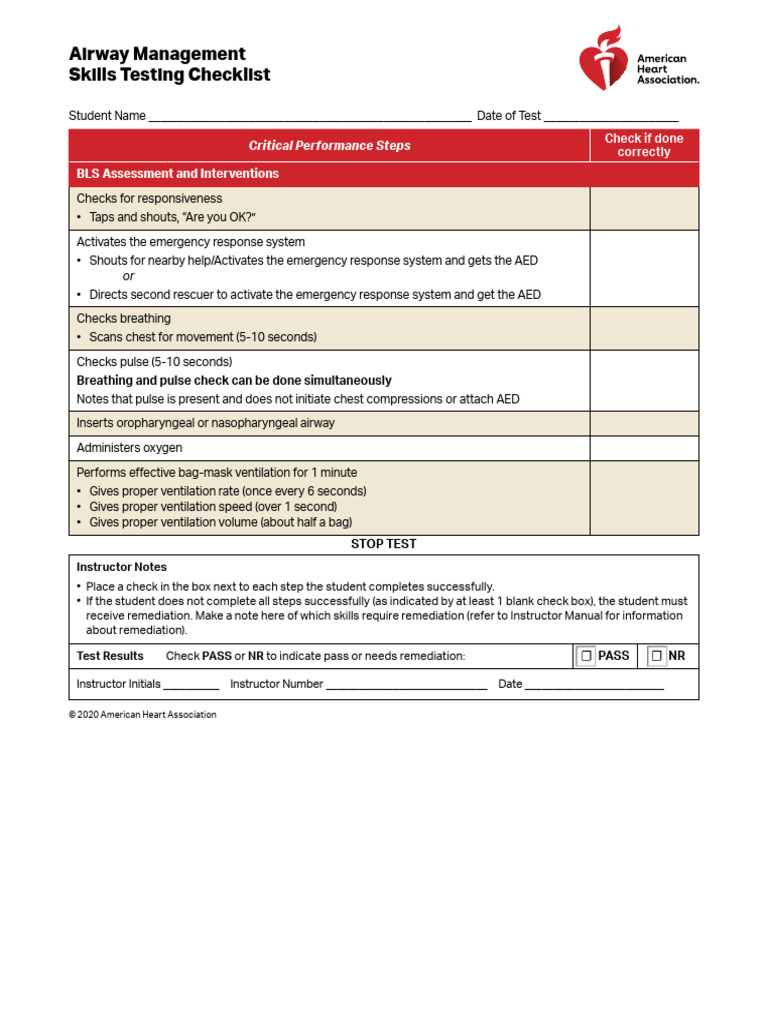 2020 ACLS Airway Management Skills Checklist | PDF | Finance & Money ...