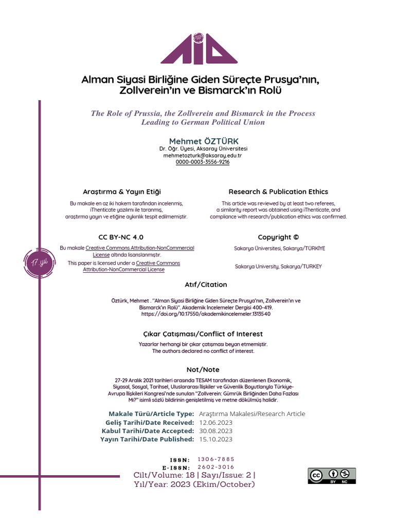 Alman Siyasi Birliğine Giden Süreçte Prusya'nın, Zollverein'ın Ve ... Alman Siyasi Birliğine Giden Süreçte Prusya'nın, Zollverein'ın Ve ...