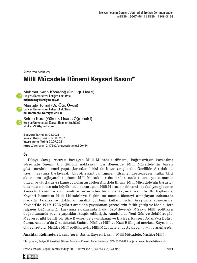 Milli Mucadele Donemi Kayseri Basini | PDF