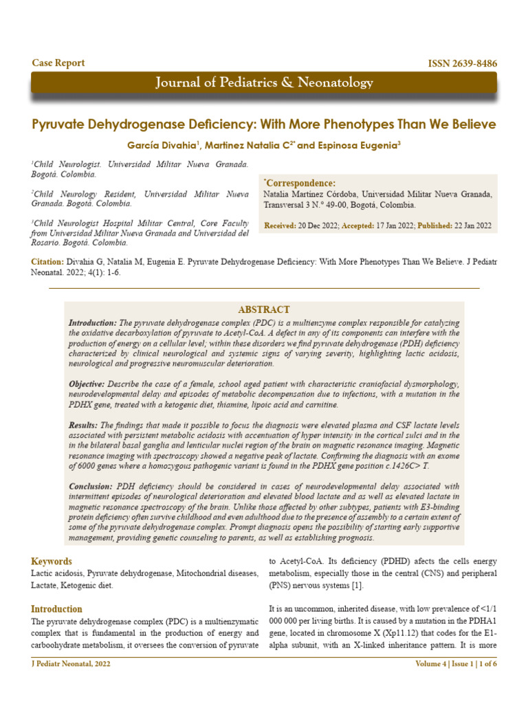 Pyruvate Dehydrogenase Deficiency With More Phenotypes Than We Believe ...