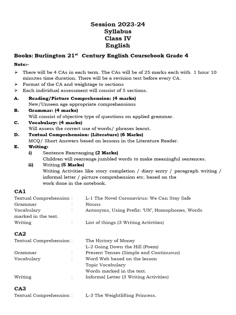 Class IV Syllabus 2023 24 | PDF | Linguistics | Grammar