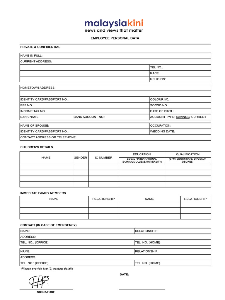 Employee Personal Data Form Template | PDF | Government And Personhood