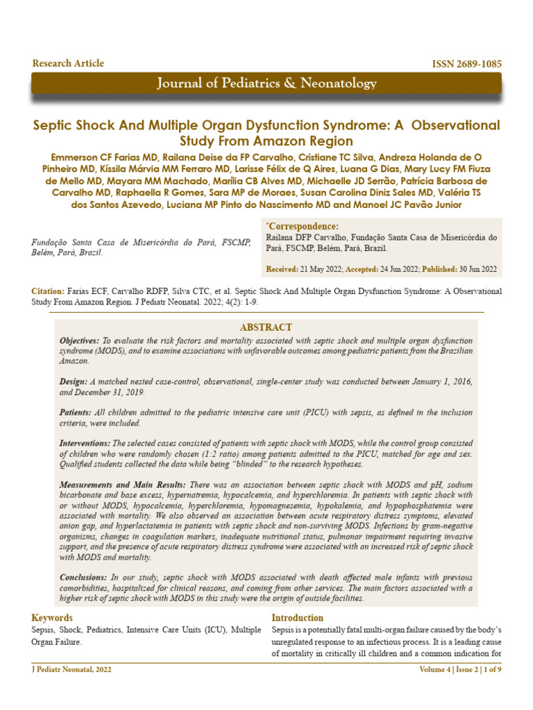 Septic Shock and Multiple Organ Dysfunction Syndrome A Observational ...