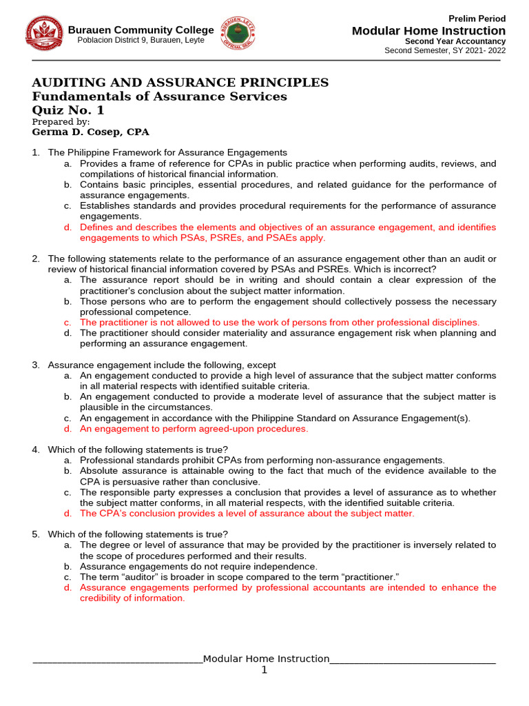 Auditing and Assurance Principles Quiz No. 1 | PDF | Audit | Accounting