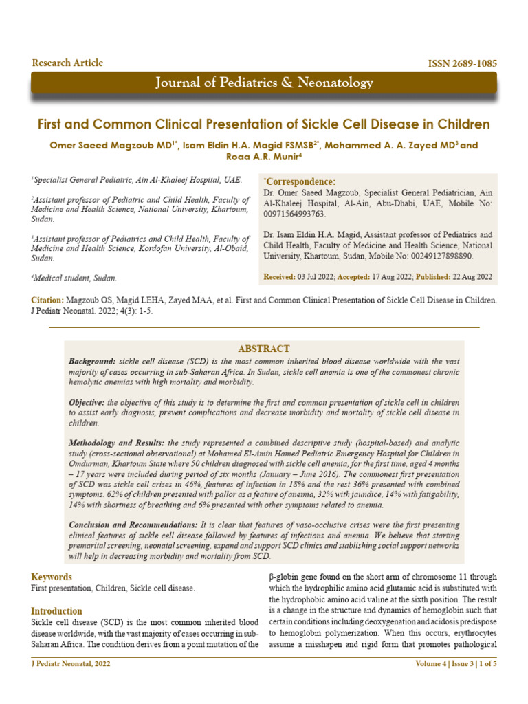 First and Common Clinical Presentation of Sickle Cell Disease in ...