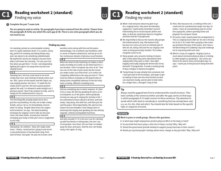 C1 Advanced Reading Worksheet 2 | PDF | Singing