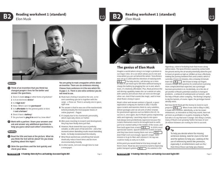 B2 First Reading Worksheet 1 | PDF | Elon Musk | Space X