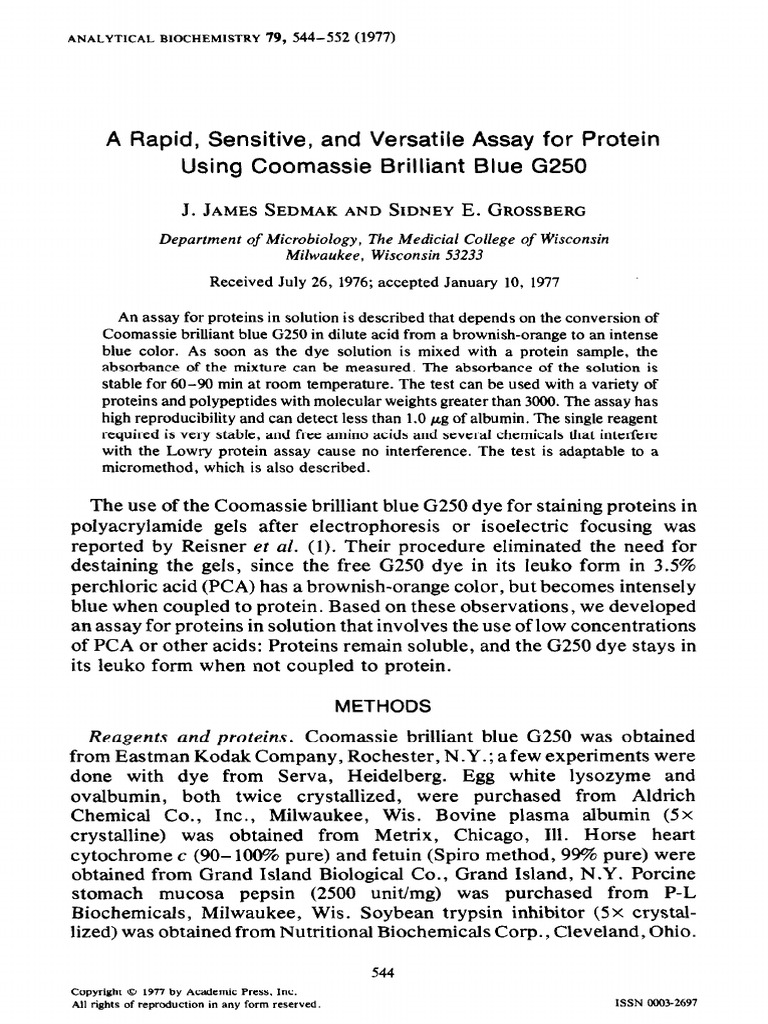 A Rapid Sensitive And Versatile Assay For Protein Using Coomassie Brilliant Blue G250
