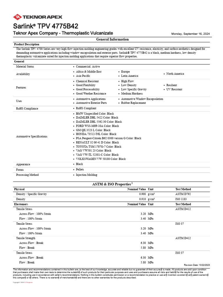 Sarlink® TPV 4775B42 | PDF | Ultimate Tensile Strength | Hardness
