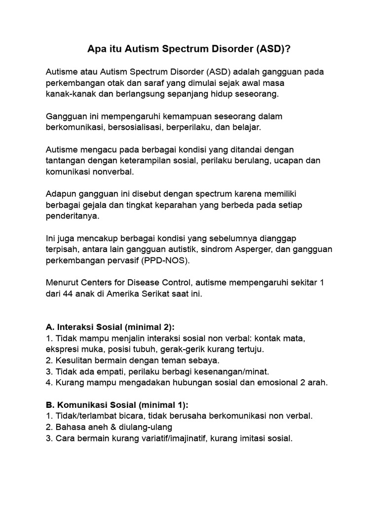 Apa Itu Autism Spectrum Disorder (ASD) ? | PDF
