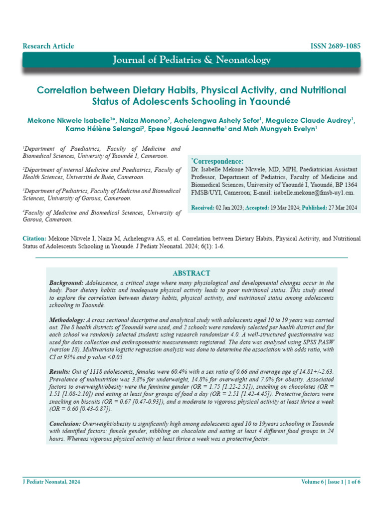 Correlation Between Dietary Habits Physical Activity and Nutritional Status of Adolescents ...