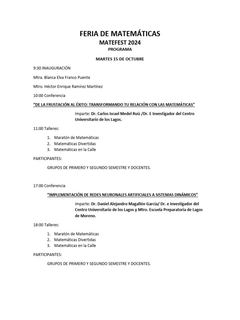 Programa Feria de Matemáticas | PDF