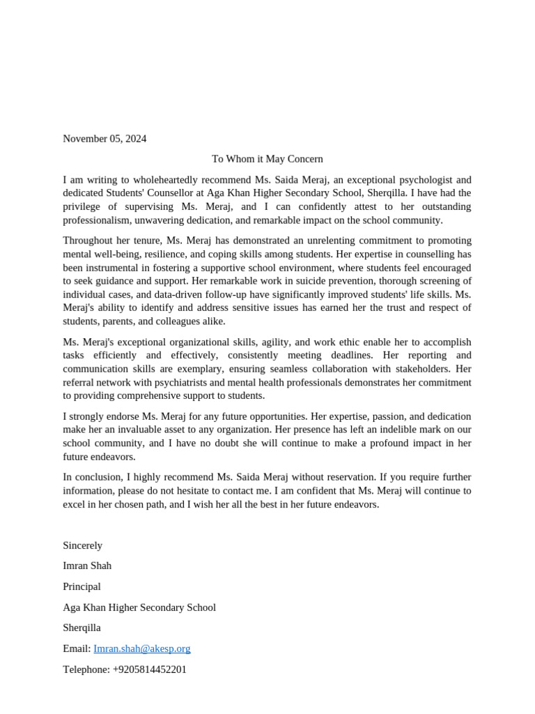 Ms Saida Reference Letter | PDF