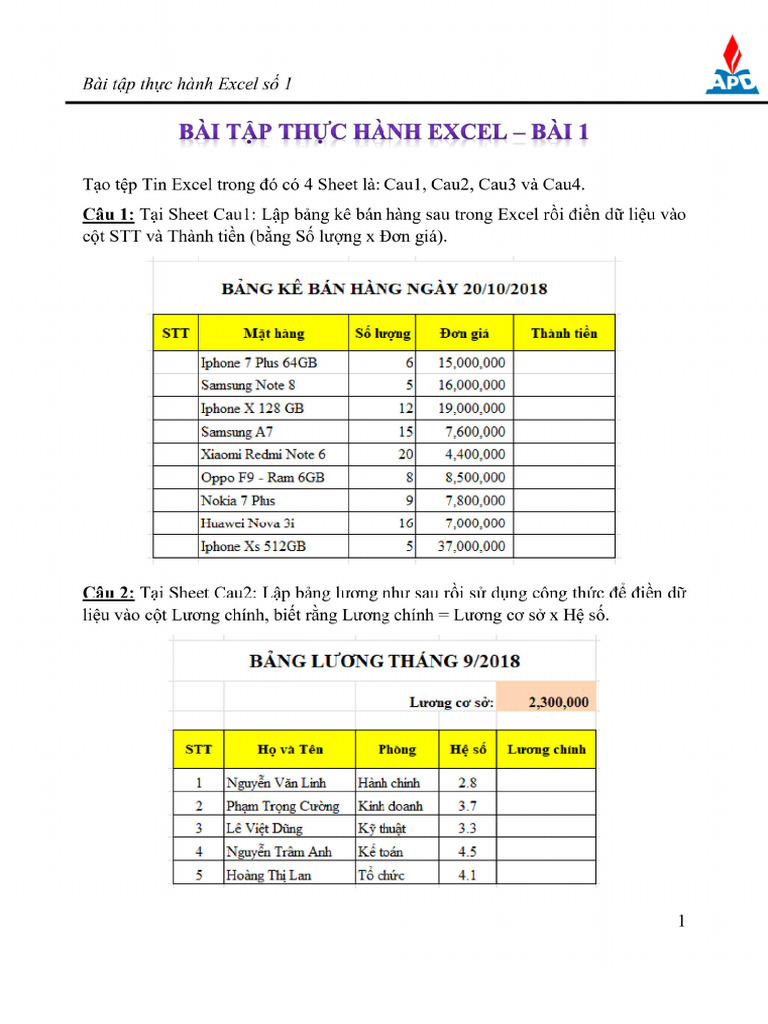 Bai 1 - Excel | PDF