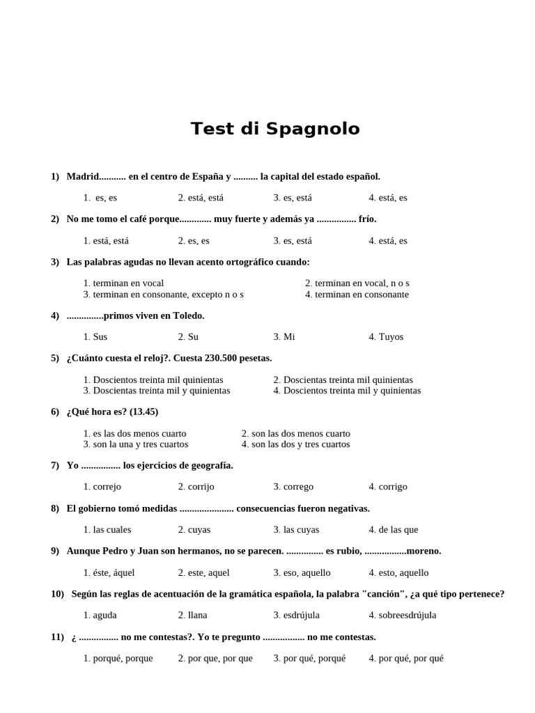 Test D'ingresso Di SPAGNOLO | PDF | Lingüística
