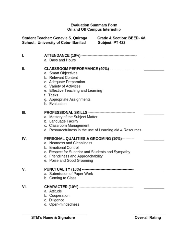 Evaluation Summary Form Pdf