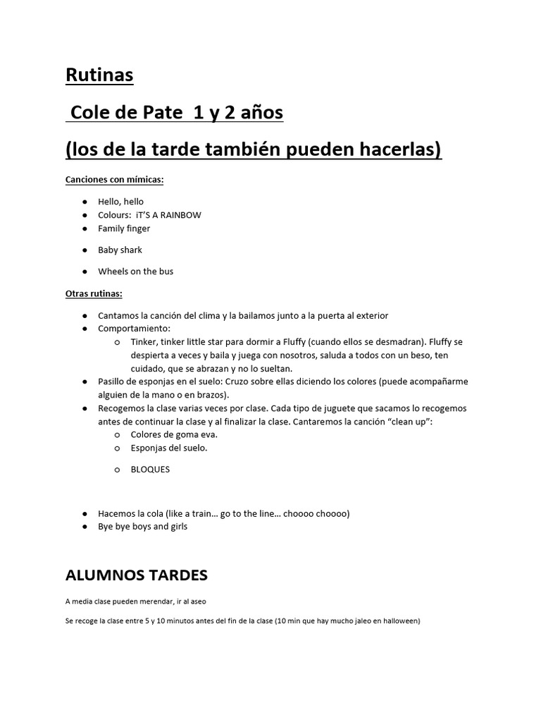 Rutinas y Actividades Infantiles en Cole de Pate | PDF