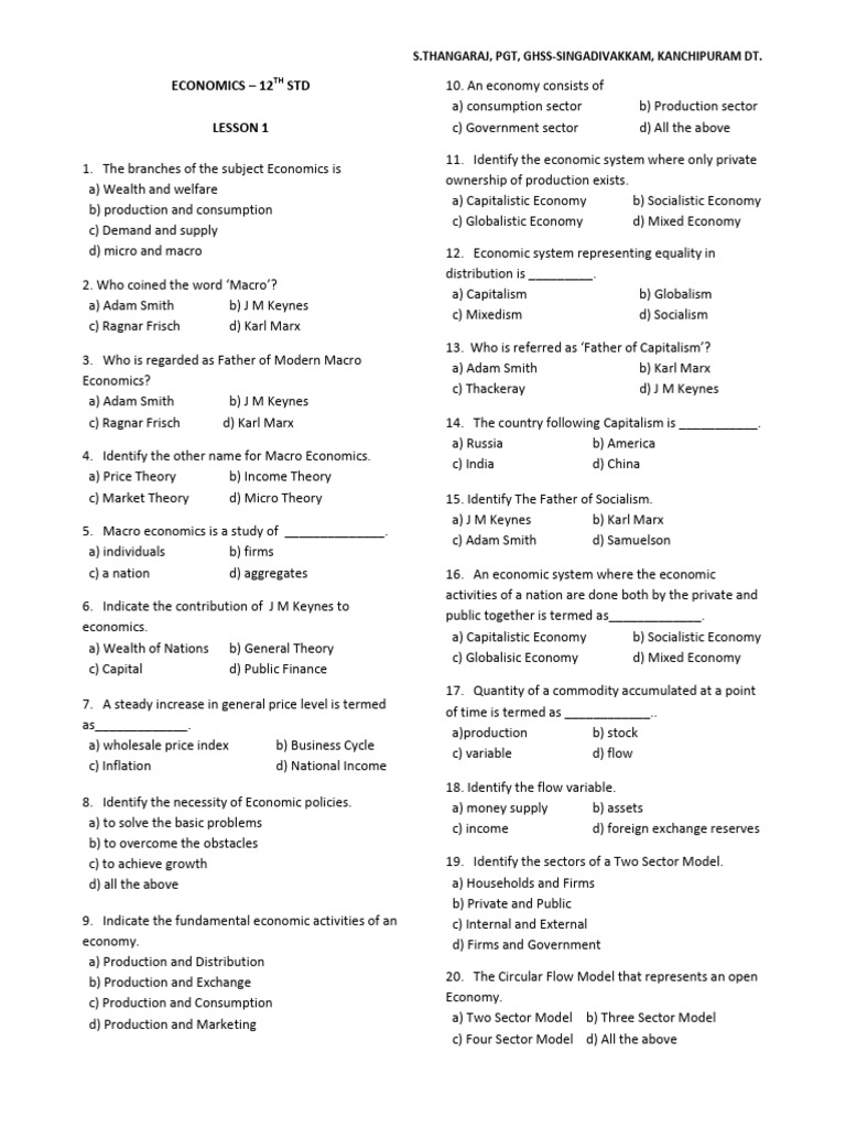 12th Eco Em 1 Mark Ln Pdf Economics Measures Of National Income