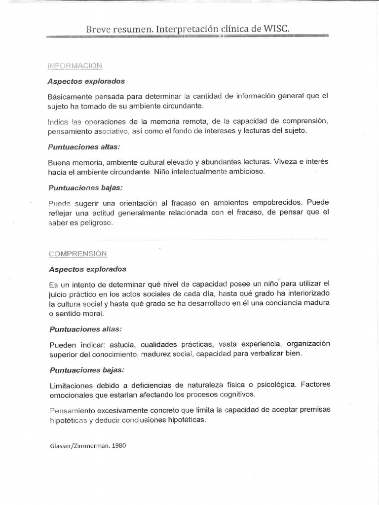 Breve Resumen, Interpretacion Clinica de WISC | PDF