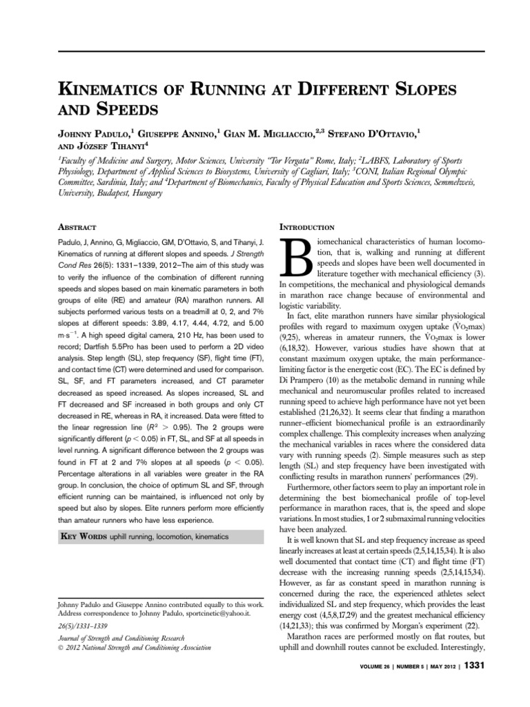 Padulo JSCR2012 Kinematicsofrunningatdifferentslopesandspeeds | PDF ...