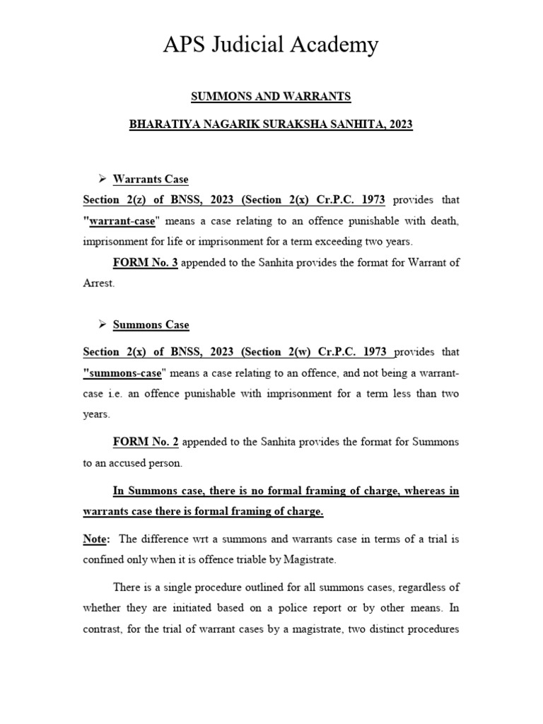 BNSS Notes (Summons & Warrants and Chap 6) 20240925080311 | PDF ...