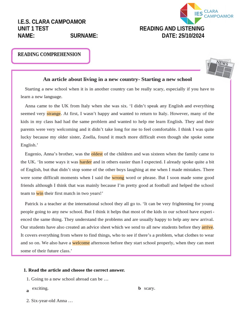 UNIT 1 Reading & Listening 4º ESO | PDF | Foreign Language Studies ...