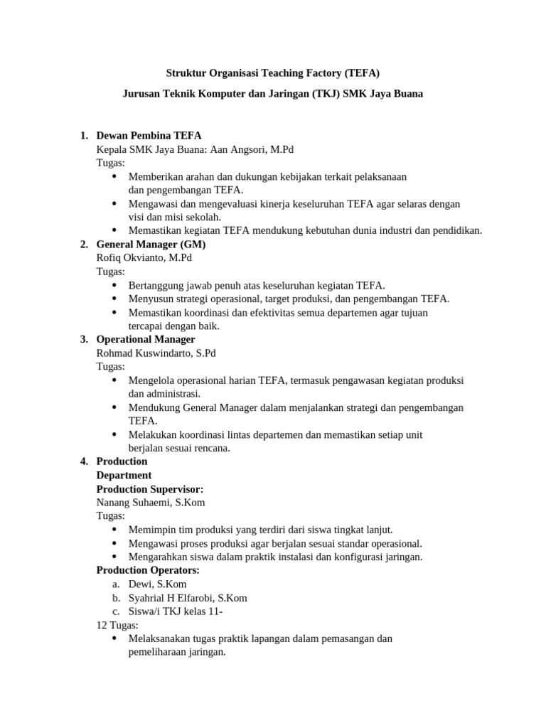 Struktur Organisasi Teaching Factory (TEFA) TKJ | PDF