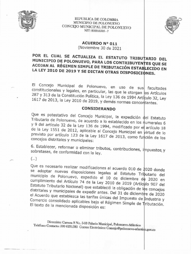 Atlantico Polonuevo Acuerdo No 011 de 30 11 2021 | PDF