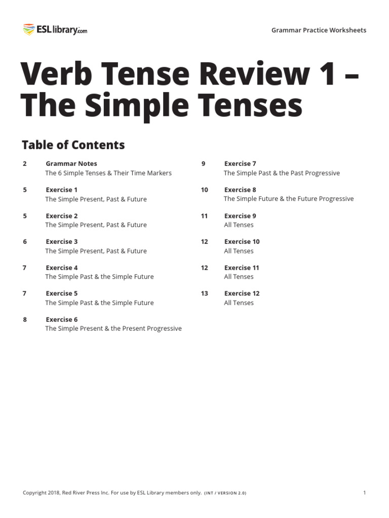 Verb Tense Review 1 The Simple Tenses Grammar Practice Worksheets ESL ...