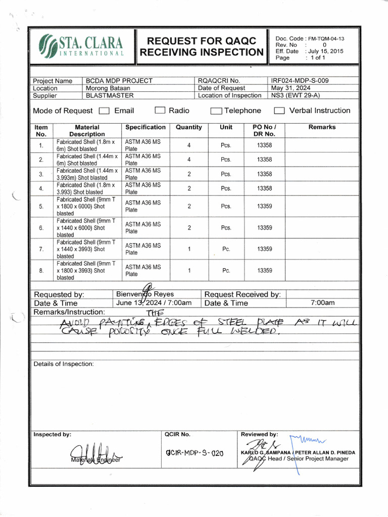 QA/QC Receiving Inspection Report | PDF