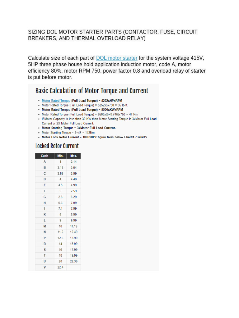 Sizing Dol Motor Starter Parts | PDF | Technology & Engineering