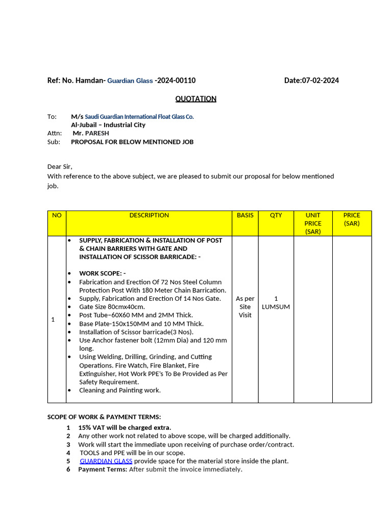 110 Quotation For Installation of Post & Chain Barriers With Gate and ...