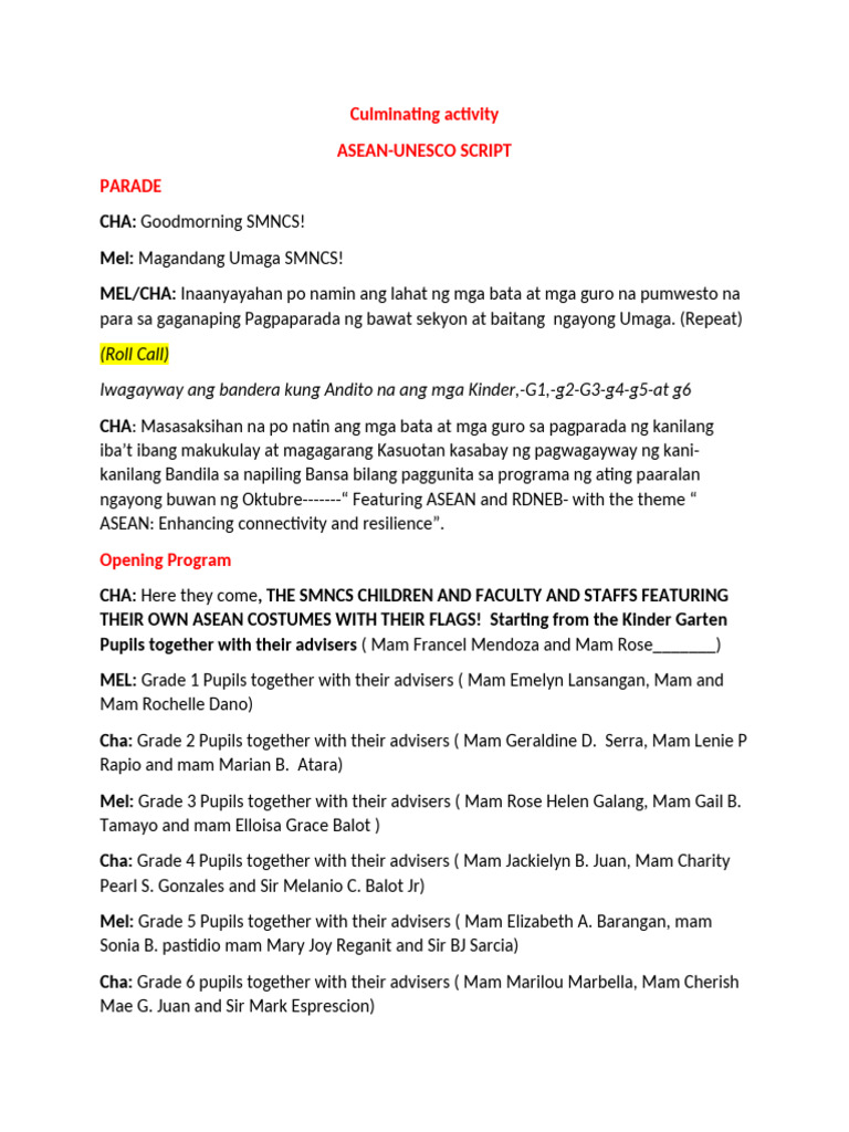 ASEAN Culminating Activity Script | PDF | Language Arts & Discipline | Wellness